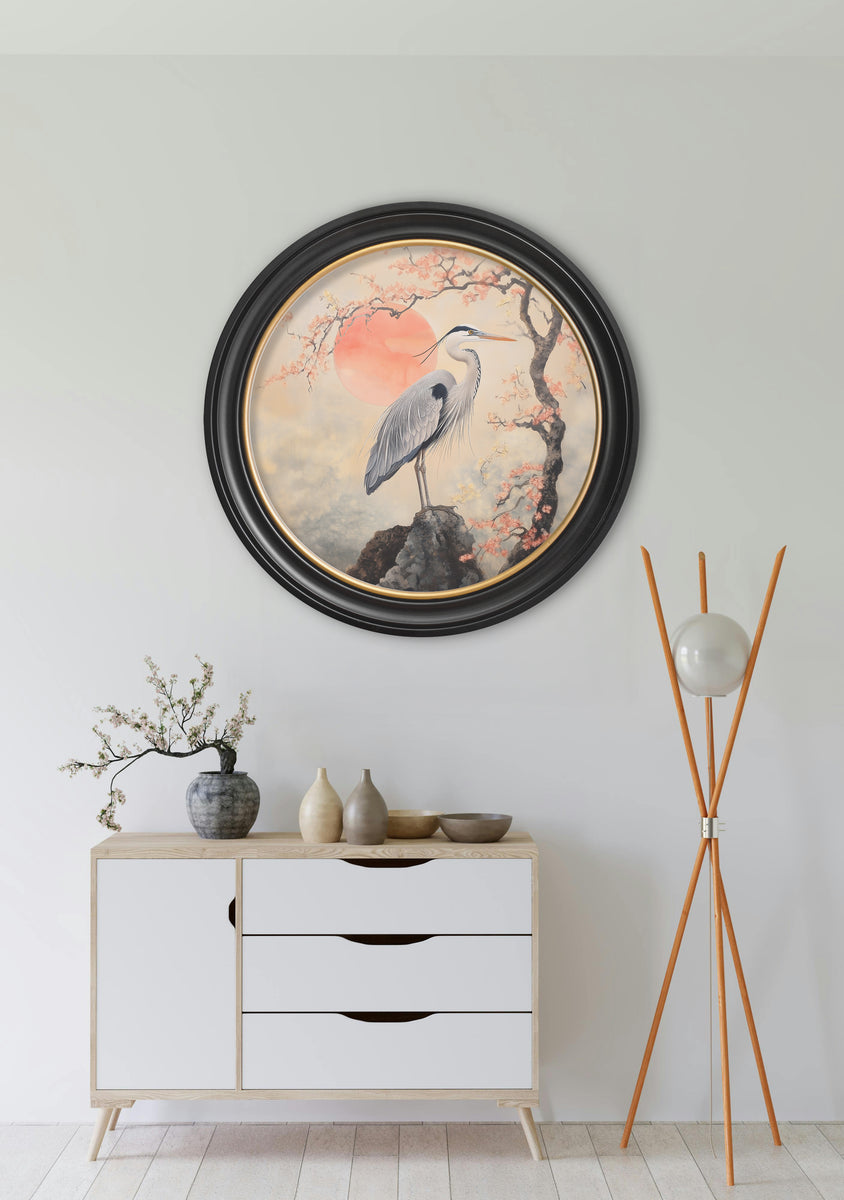 Japanese Twin Herons - Oxford round frame – T A Interiors
